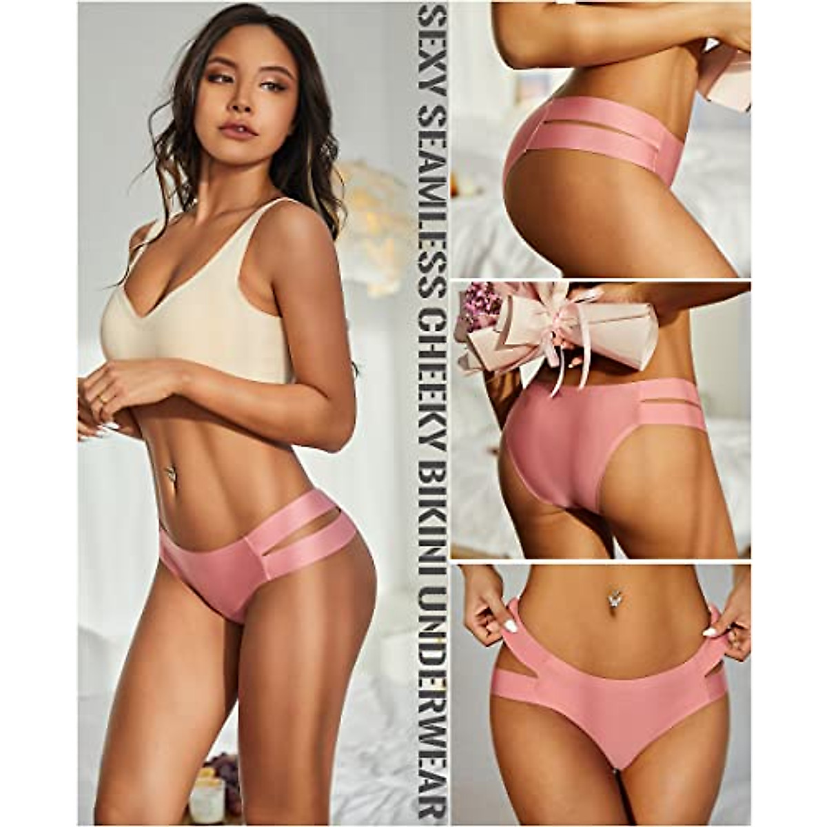 Knowyou Seamless Underwear for Women Sexy Bikini Panties No Show High Cut Hipster Stretch Straps Cheeky Panty for Ladies 6 Pack-A-M
