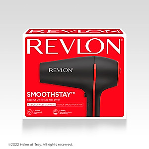 REVLON SmoothStay Coconut Oil Infused Hair Dryer with Diffuser | 1875W Blow Dryer Improves Shine for Smoother Styles and Tames Frizz for Silky Finish (Black)