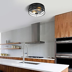 Flush Mount Ceiling Light Fixture, 12 Inch Close to Ceiling Light with Black Metal Cage, Modern Industrial Ceiling Lamp with Seeded Glass for Kitchen Hallway Bedroom Living Room Foyer