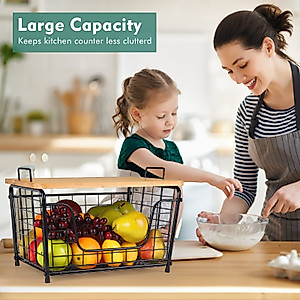 HEOMU Countertop Basket for Kitchen, Bread Vegetable Fruit Organizer Bin With Bamboo Lid, Metal Rectangular Wire Basket for Pantry Cabinet