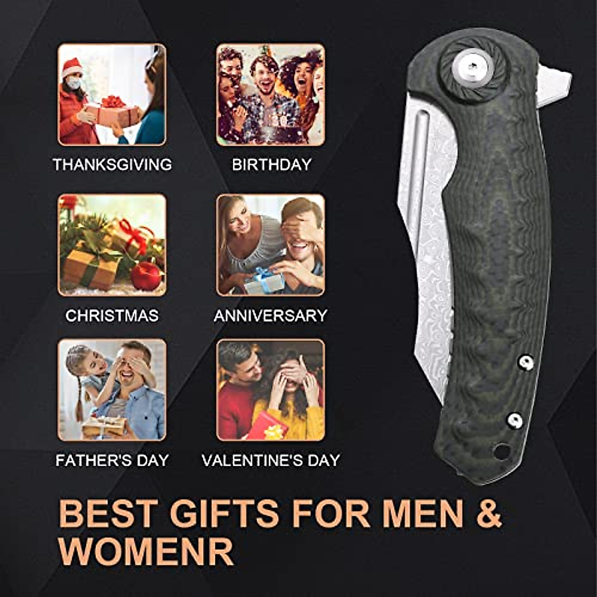 SHIELDON Tranchodon Damascus Pocket Knife with Clip, 3.66" VG10 Blade G10 Handle with Carbon Fiber Overlay, Liner Lock EDC Folding Knife