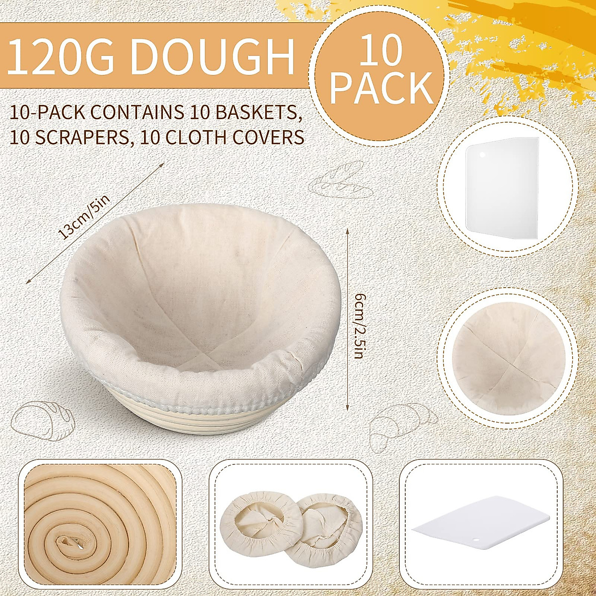 Irenare 10 Pcs Bread Banneton Proofing Basket Round Dough Sourdough Proofing Basket Rattan Bakery Baking Bread Bowl with Liner and Scraper Tool Set for Starter Gifts Professional Home Bakers (5 Inch)