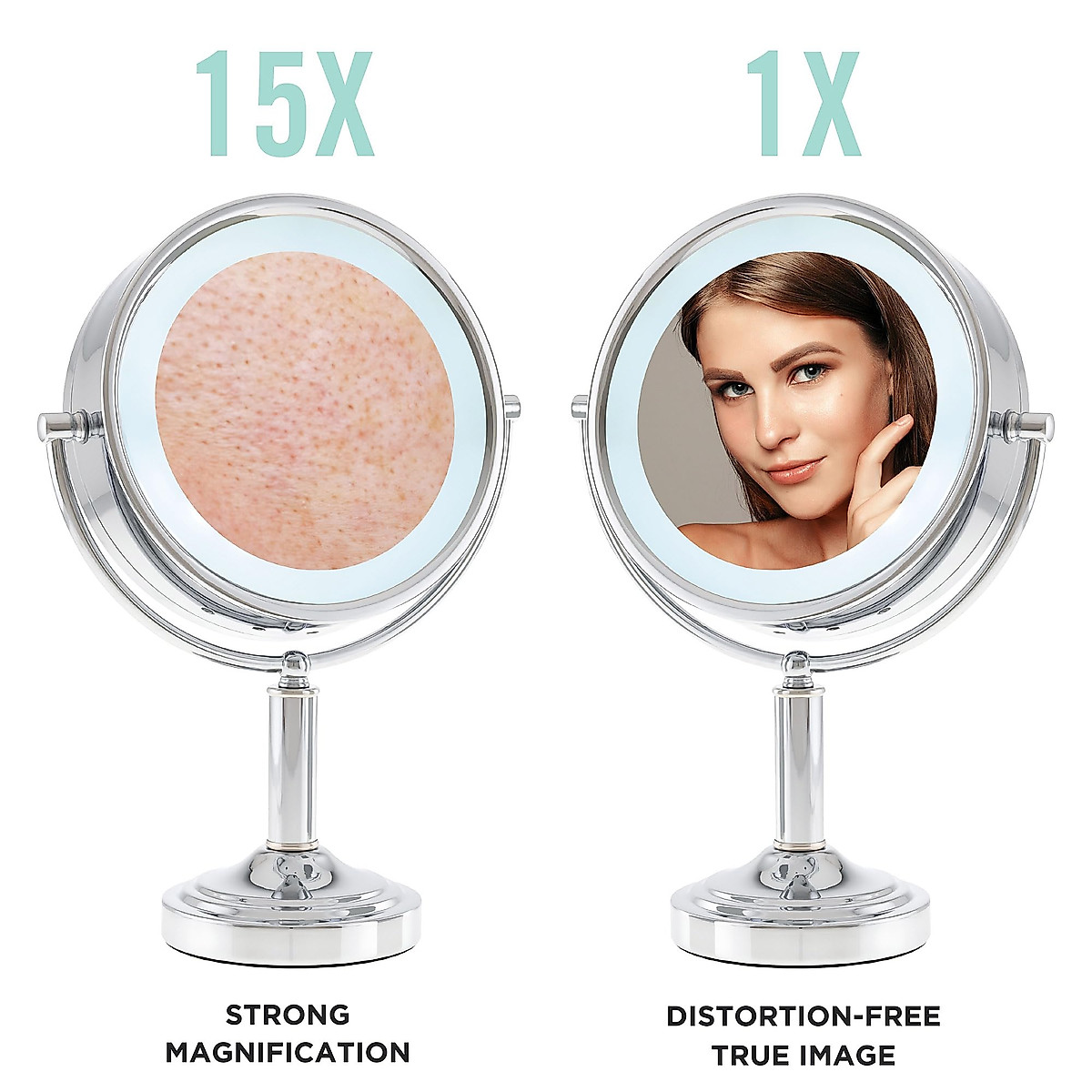 Danielle Creations Professional-Grade Double-Sided L.E.D. Vanity Mirror with Strong 15X Magnification, 360-Degree Rotation, Ultra-Vue Distortion-Free True Image Reflection, Silver Chrome Finish