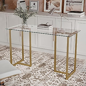 Martha Stewart Eli Home Office Desk with Glass Top and Steel Frame, Polished Brass
