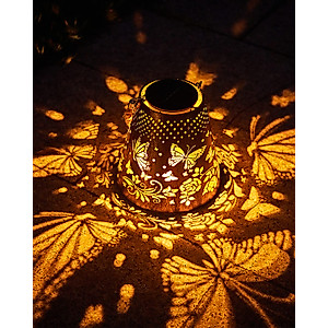 Birodeko Solar Lantern Outdoor Garden - Waterproof Large Hanging LED Lights, Warm White Retro Landscape Decorative Metal Lanterns for Patio, Yard, Pathway | Bronze, Butterfly