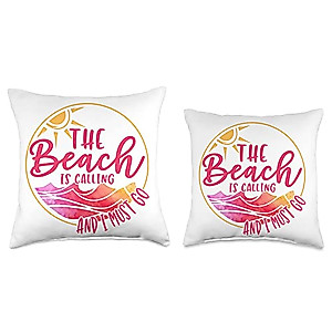 Summer Vacation Beach Is Calling Sunset The Beach is Calling and I Must Go Funny Summer Vacation Throw Pillow, 18x18, Multicolor