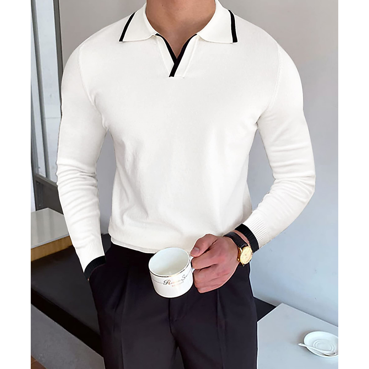 Mens Polo Sweater Long Sleeve Knitted Slim Fit Pullover V-Neck Casual Striped Knitwear Tops