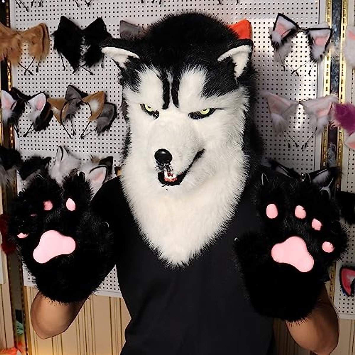 hbbhml Animal Dog Head Mask Realistic Furry Plush Tail Claw Gloves Full Wolf Masks for Halloween Party Carnival Cosplay Gray