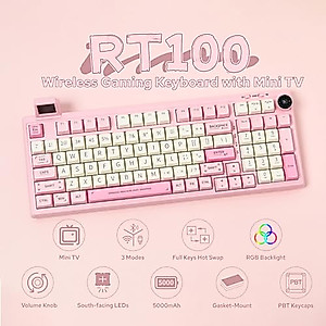 EPOMAKER RT100 97 Keys Gasket BT5.0/2.4G/USB-C Mechanical Keyboard with Customizable Display Screen, Knob, Hot Swappable Socket, 5000mAh Battery for Win/Mac(RT100 Pink, Sea Salt Silent Switch)