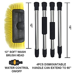 Sengo Car Wash Brush with 12'' Lock Type No Loose No Rotate Soft Bristle Brush and 60'' Dismountable Pole with on/Off Switch for Maximum Cleaning