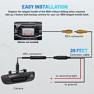 EWAY Tailgate Handle Backup Camera for 2002-2008 Dodge RAM 1500 2500 3500 Tailgate Latch Door Handle Aftermarket Reverse Reversing Back Up Rear View Camera RCA Connector w/ 26FT Extension Harness