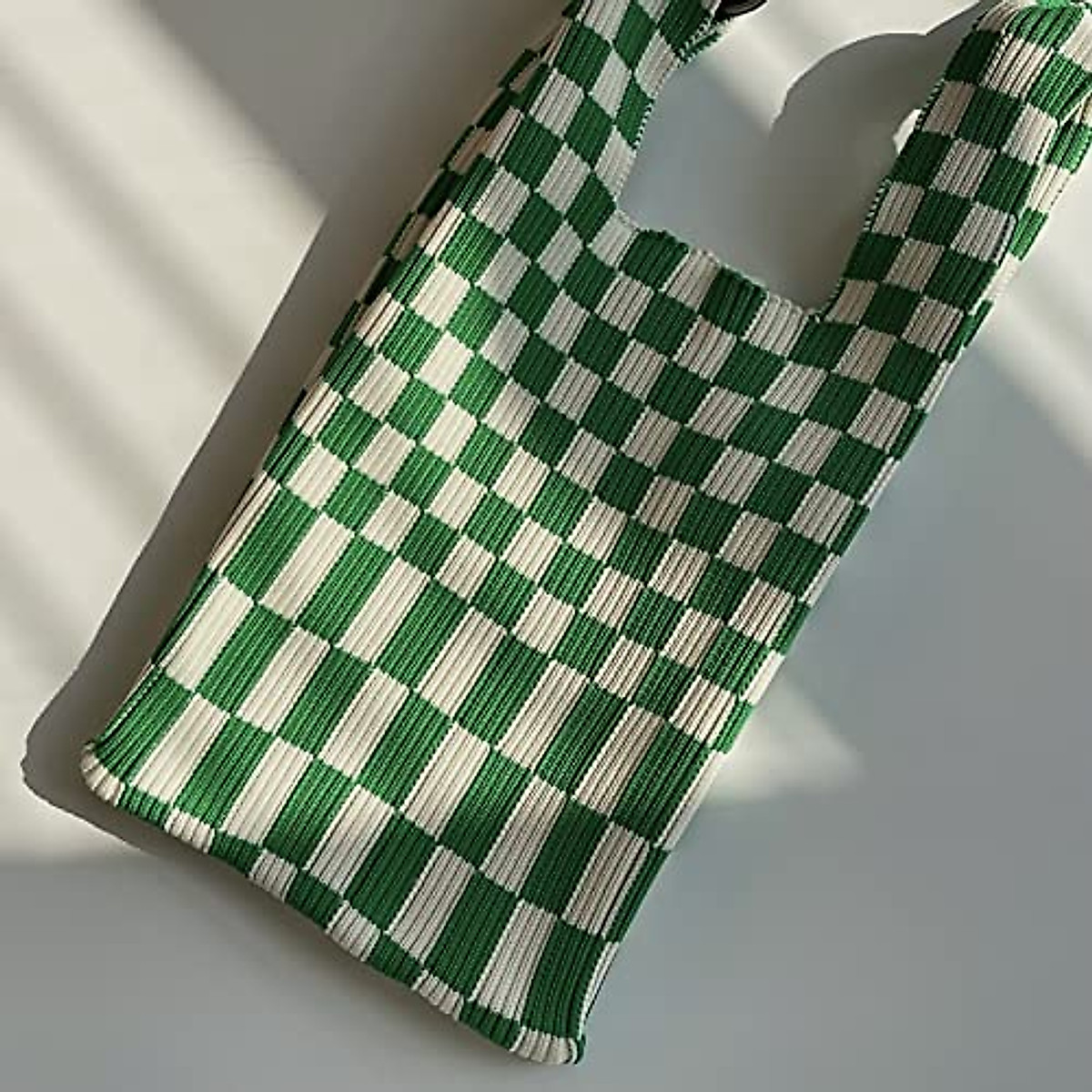 Checker Black & White Checkered Checkboard Knit Tote Bag (Green White), Women Ribbed Market Bag, Fun Style Knitted Tote