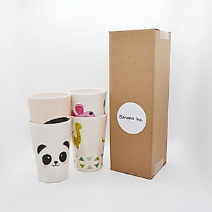 Bamboo Cups For Kids Set of 4 Cute Fun Animal 12 Oz Drinking & Snack Toddler Smoothie Bathroom Eco Friendly Organic Fibre Shatter Resistant BPA Free Dishwasher Safe, White, 4 Count (Pack of 1)