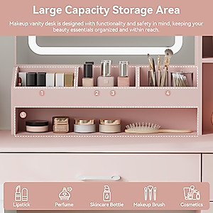 Dowinx Vanity Desk with Mirror and Light, Makeup Vanity with Power Outlet & Storage Stool, Vanity Table with 3 Drawers & 7 Open Shelves, Adjustable 3 Lighting Colors for Bedroom, Pink