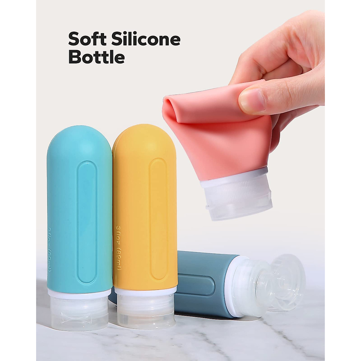 Birkie Silicone Toiletries Bottles (4 Count, 3oz Each), Refillable, Leak-Proof for Shampoo & Conditioner