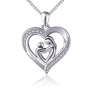 DAOCHONG Mother Holding Child Sterling Silver Mothers Love Heart CZ Pendant Women Necklace 18 inches