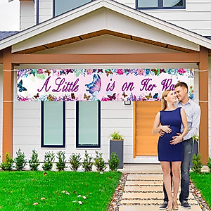 Labakita A Little Butterfly is on Her Way Banner, Purple Butterfly Baby Shower Decorations for Girl, Girl Baby Shower Banner for Courtyard / Garden / Yard, Gender Reveal Decorations