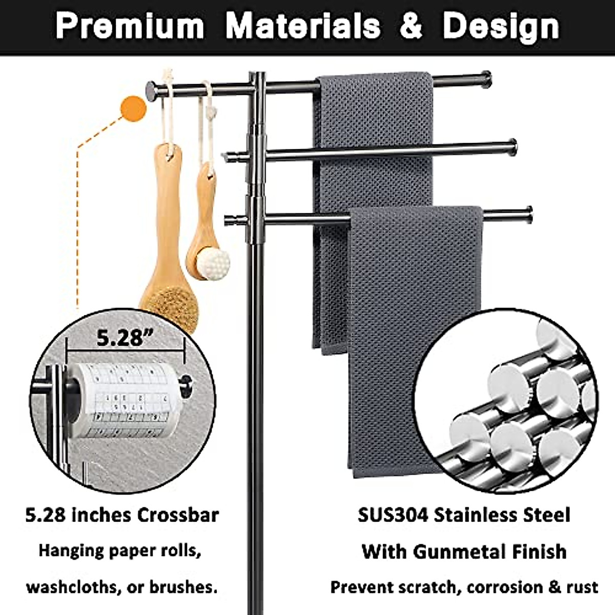 Sayayo Freestanding Towel Rack for Bathroom, 39 Inch Towel Holder for Bathroom Towel Stand Floor with 3 Adjustable Towel Bar, Gunmetal 