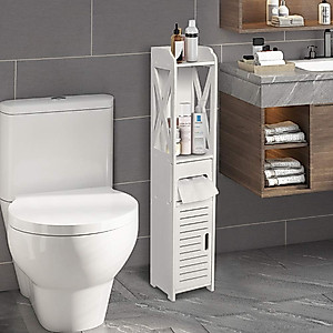 Bathroom Toilet Cabinet White Wood Cabinet Bathroom Floor Cabinet Freestanding Cabinet Fabric Shelf Shelf, 31.5 x 6.1 x 5.9in