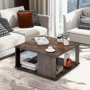 Giantex 32” Square Coffee Table, 2-Tier Wooden Table with Storage Shelf, Industrial Home Accent Table, Mid-Century Center Table Ideal for Living Room, Study Room(Rustic Brown)