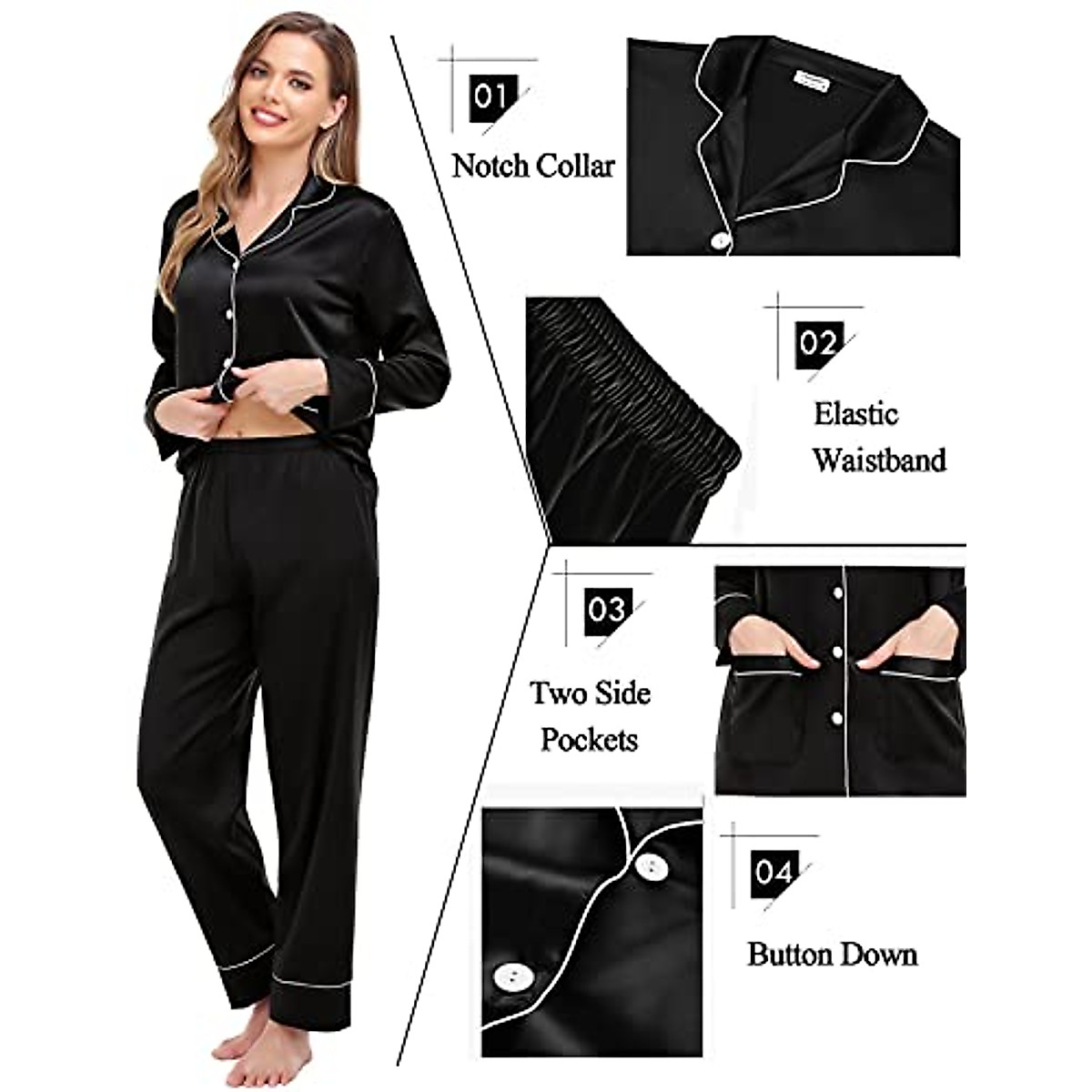 SWOMOG Womens Silk Satin Pajamas Long Sleeve Loungewear Two-piece Sleepwear Button Down Pj Set Black