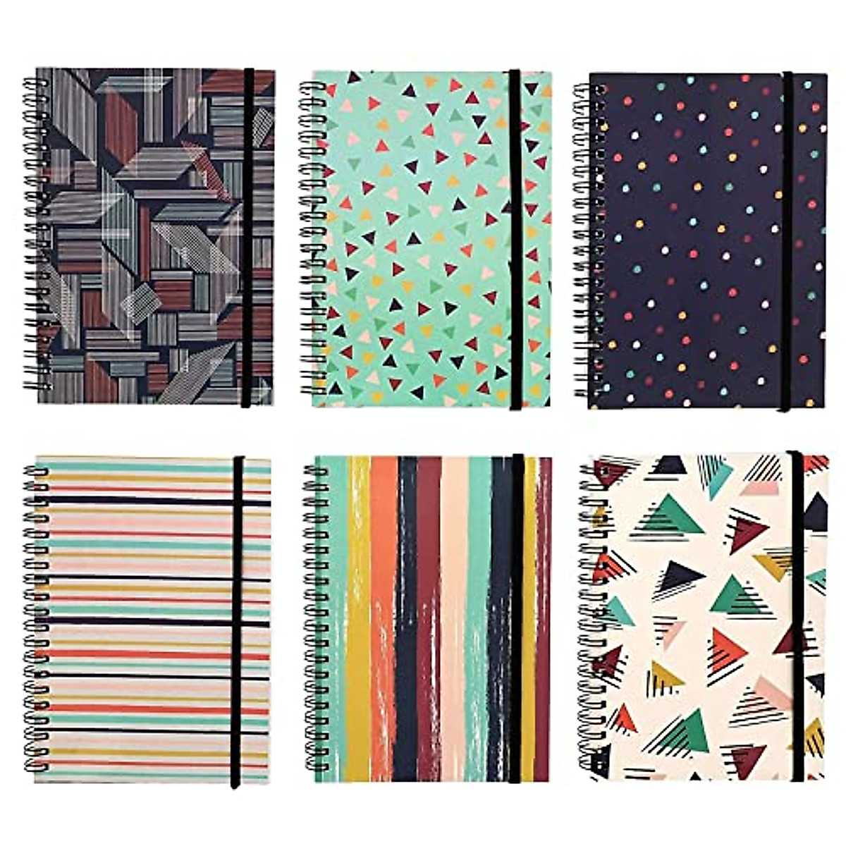 6 Pack 5x7 Notebooks Spiral Bound with Pocket, Lined B6 Journals with Elastic Closure for School, Work, 6 Graphic Designs