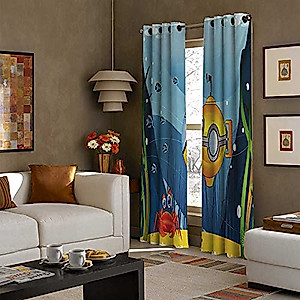Marigold and Blue Black Curtains for Bedroom 84 Inch Long Yellow Submarine Kids Bedroom Blackout Grommet Top Curtain Panels W96 x H84