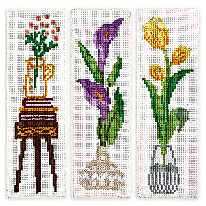 Caydo 3 Pieces Cross Stitch Bookmark Kits, Flowers Stamped Embroidery Bookmark with Backing Felt and Instructions Beginner Cross Stitch Kits for Adults, Book Lovers, 14 CT