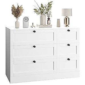 HOSTACK 6 Drawer Double Dresser, White Dresser Chest of Drawers, Wide 6 Drawer Chest, Wood Dresser Storage Cabinet with Deep Drawers for Living Room, Hallway, Entryway, White