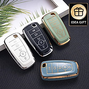 CHEZENHUI Compatible with Ford Key Fob Cover with Leather Lanyard, Car Key Case Shell Protection for Ford Explorer Fusion Escape F150 F250 F350 F450 F550 Edge 5 Buttons, White