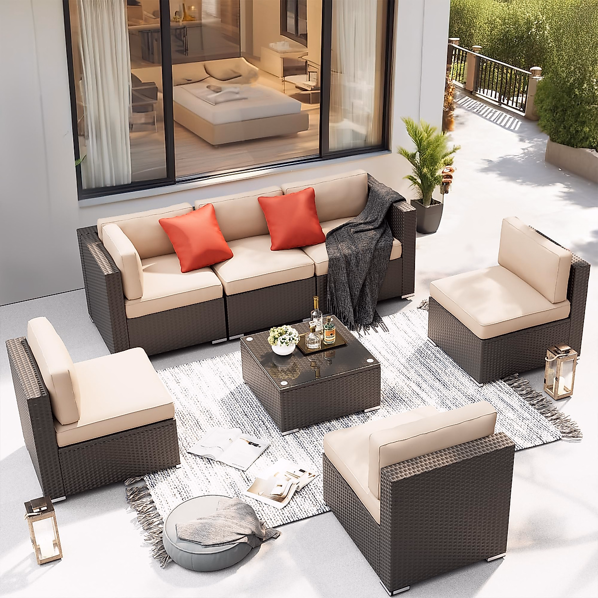 SUNCROWN 7-Piece Outdoor Patio Furniture Sofa Set All-Weather Black Wicker Sectional Conversation Set with Modern Glass Coffee Table and Cushions (Brown)