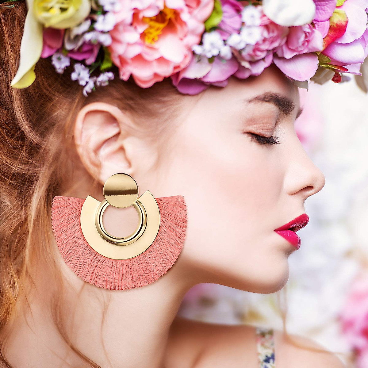 meekoo 6 Pairs Tassel Dangle Earrings Gold Hoop Fringe Earrings Bohemia Fan Shaped Earrings for Women Party and Daily Wear