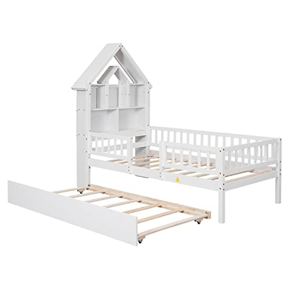 FIQHOME Twin Size Platform Bed for Kids, Twin Size Kids Bed Frame with House-Shaped Headboard, Wooden Twin Bed with Trundle and Fence Guardrails,Solid Wood House Bed for Girls Boys,White