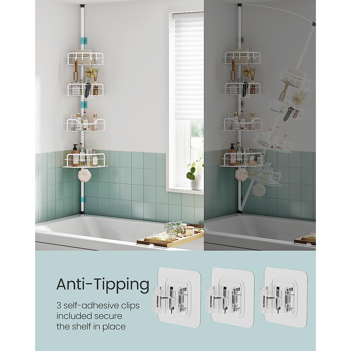 SONGMICS Corner Shower Caddy Tension Pole, 4-Tier Rust-Resistant Shower Organizer, Shower Shelf, No Drilling, 31.5 to 127.2 Inches, Height Adjustable Shelves, for Bathroom, Cloud White UBCB003W01