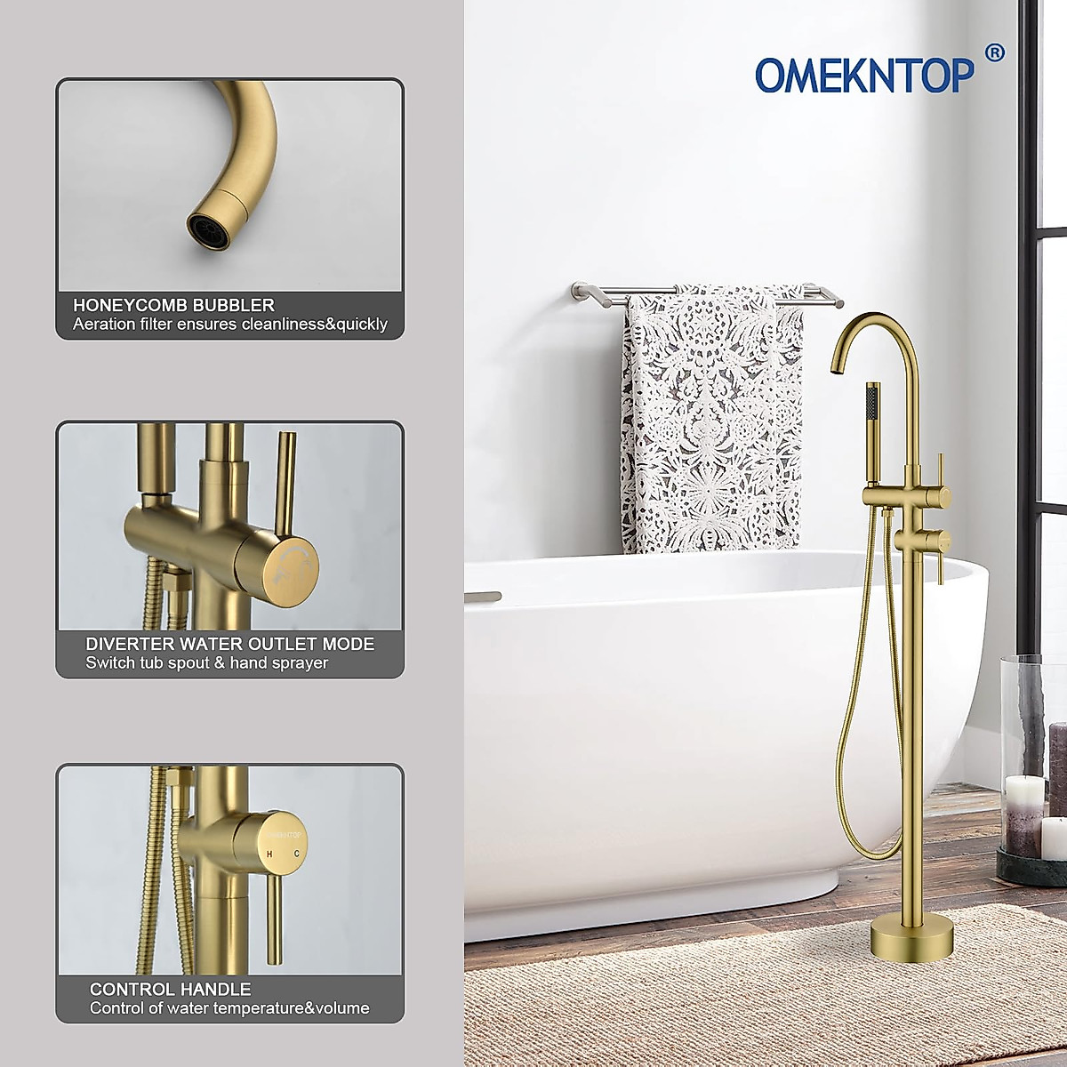 Freestanding Bathtub Faucet Floor Mount Tub Filler Brush Gold, OMEKNTOP Modern Freestanding Tub Faucet with 360 Swivel Gooseneck Spout and Handheld Shower, Standing Tub Faucet for Bathroom