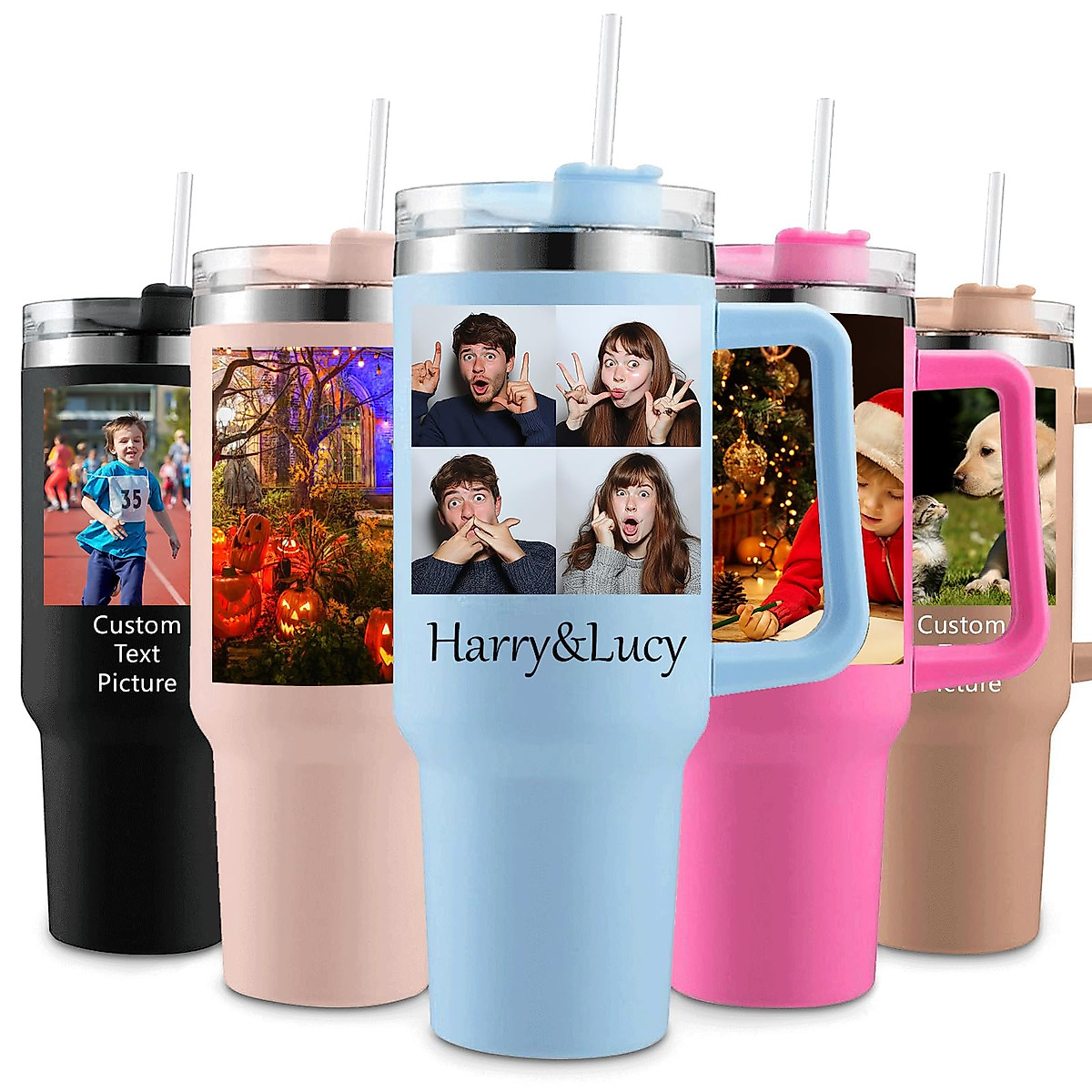 Personalized 41oz Photo Tumbler with Handle & Straw Lid Custom Coffee Tumbler Stainless Steel Travel Mugs,Customized Picture Water Bottle for Woman Man Birthday Halloween Personalized Gifts