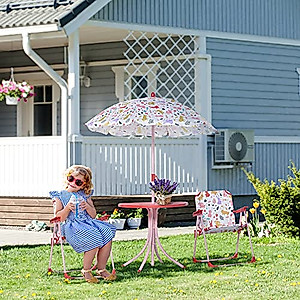 Outsunny Kids Folding Picnic Table and Chairs Set Rabbit Pattern for Outdoor Garden Patio Backyard with Removable & Height Adjustable Sun Umbrella, Red