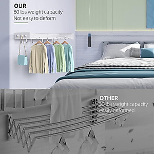 Drying Rack Clothing,Clothes Drying Rack Wall Mounted,Laundry Drying Rack Wall Mount,Foldable,Collapsible,60 lb Capacity 5 Aluminium Poles with 12 Hooks,Space Saving Clothes Drying Rack,White 31.5"