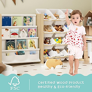 EXPERLAM Kids Toy Storage Organizer - Toy Organizer with Kids Bookshelf, Toy Storage with 12 Toy White Bins and 4 Book Shelves, Toy Organizers and Storage for Playroom, Nursery, Kids Room, Burlywood