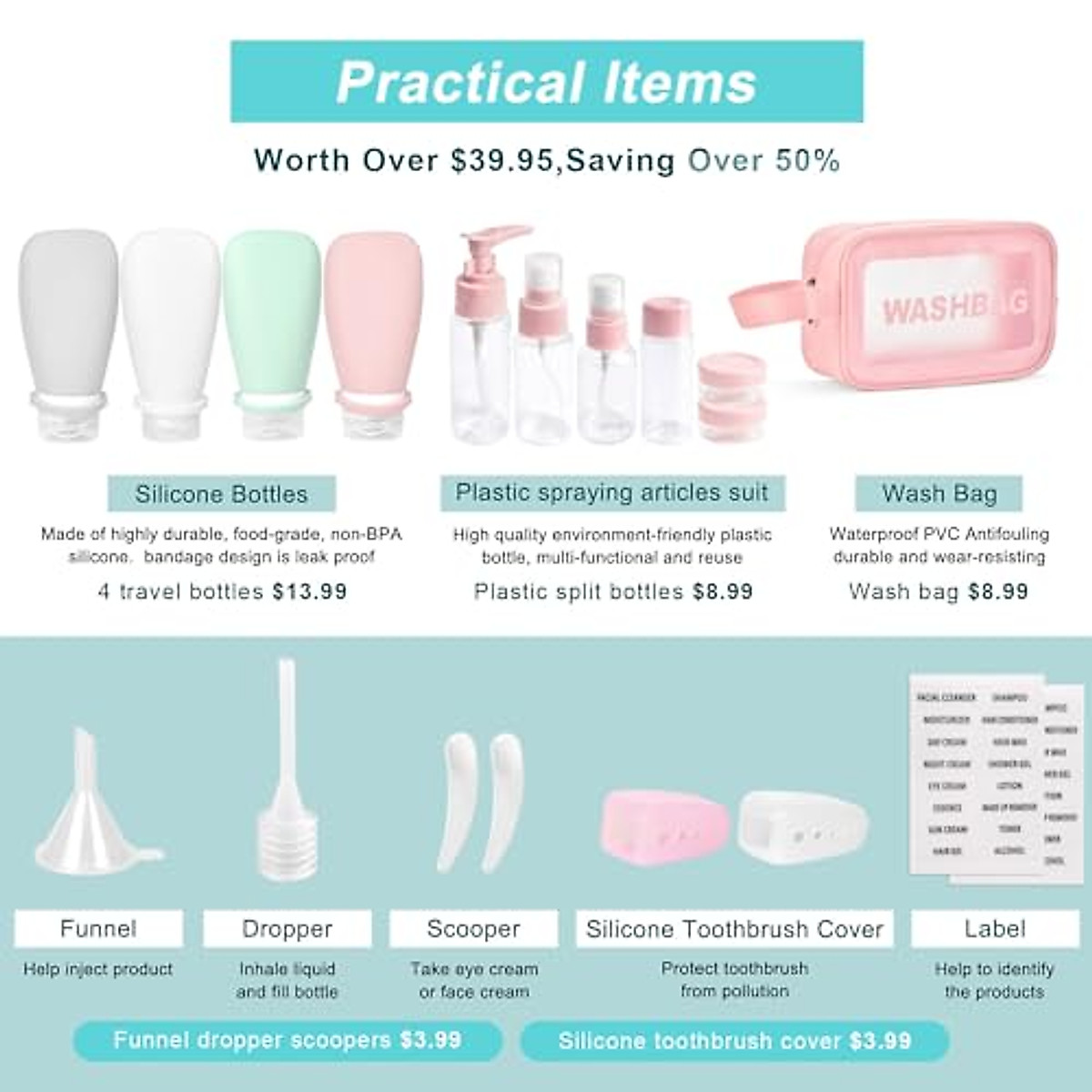 Noideeer 18 Pcs Travel Bottles for Toiletries Gym TSA Approved, Leak Proof with Bandage Silicone Squeezable 3oz for Toner Shampoo Conditioner Lotion Body Wash with Toothbrush Cover Tag and Wash Bag