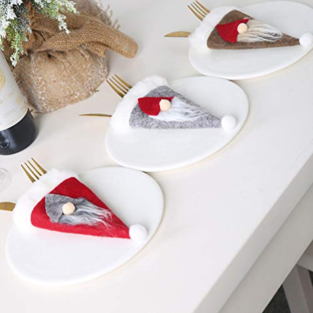Hemoton 6Pcs Christmas Silverware Holders Pocket Santa Hat Gnome Elf Cutlery Knives Forks Tableware Storage Bag Covers for Xmas Holiday Table Decoration Red Grey