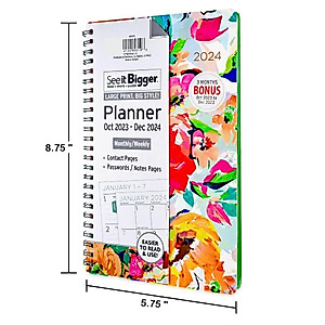 PlanAhead See IT Bigger April 2024 - June 2025 Size 8.75" x 5.5" x 0.5" Monthly/Weekly Medium Planner and Twin Fluorescent Pen (Floral Coppa)