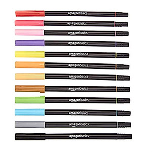 Amazon Basics Dual Tip Brush Pens - Blendable, Nylon Brush and Fine Tip, 12-Pack