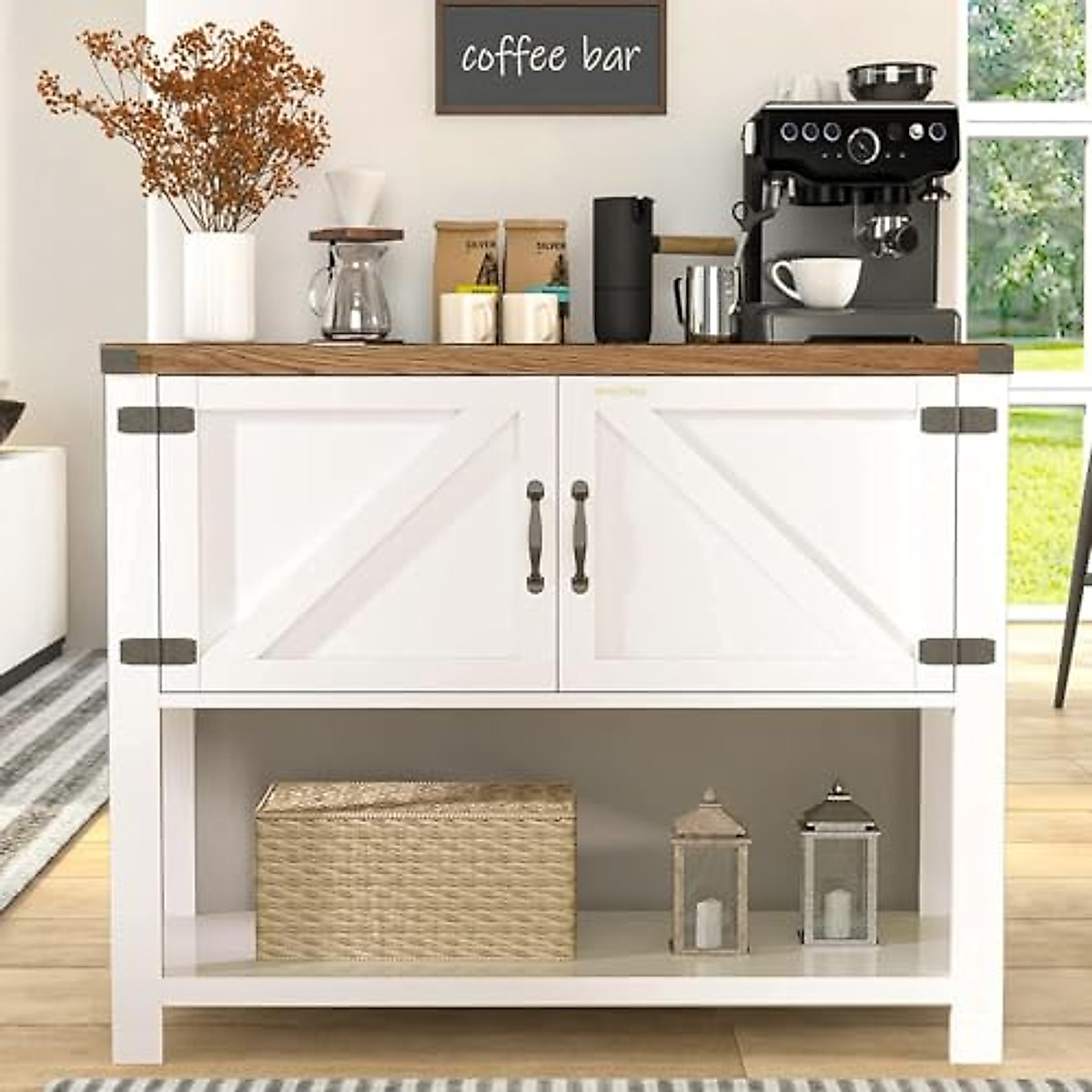 4ever2buy Farmhouse Coffee Bar Cabinet with Barn Doors, White Coffee Bar Stand with Storage, 36 inch Coffee and Tea Bar with Bottom Shelf for Living Dining Room