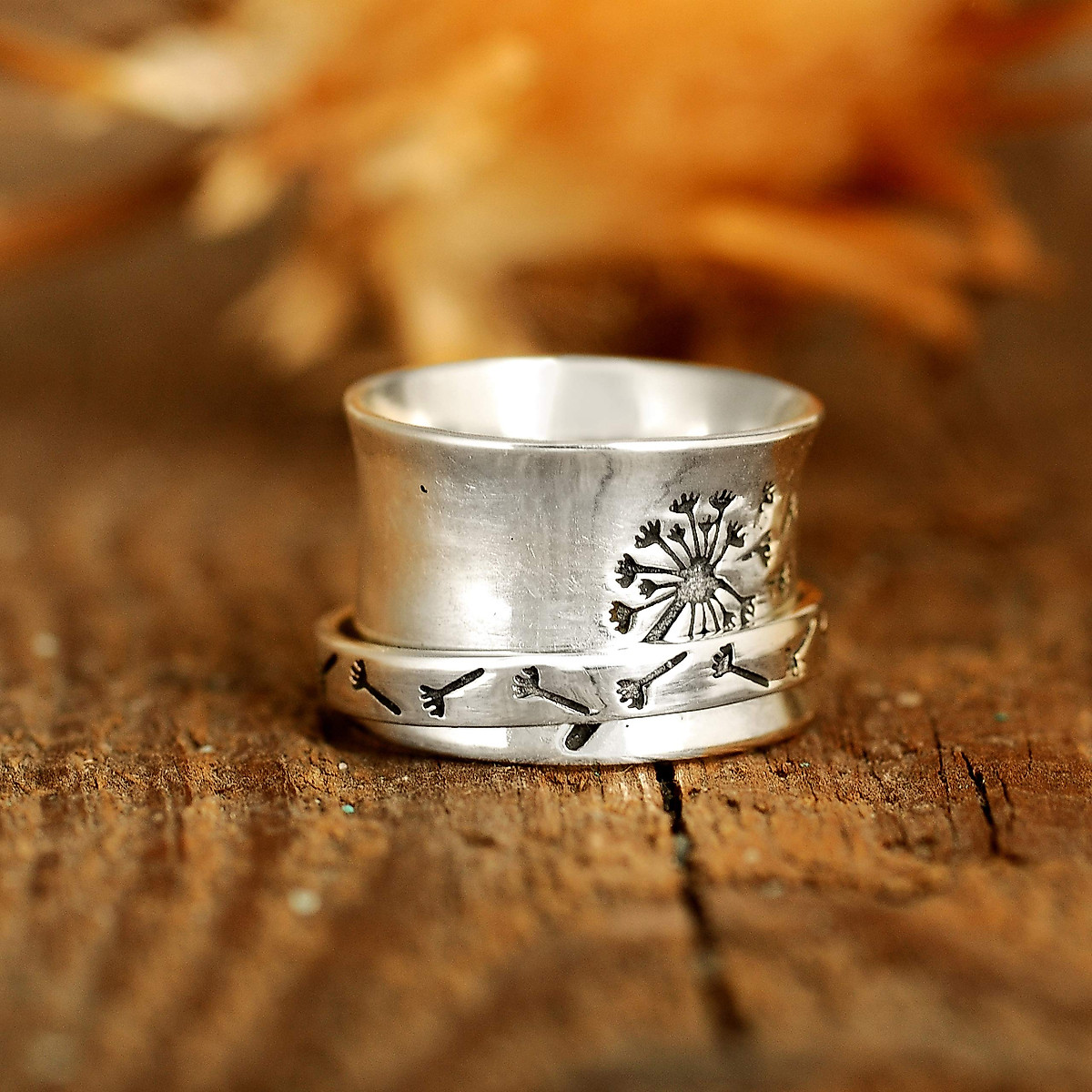 Boho-Magic 925 Sterling Silver Spinner Ring for Women Dandelion Flower Fidget Anxiety Relief Wide Band