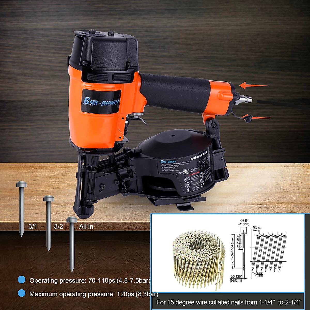 Bgx-power Roofing Nail Gun, 15 Degree CN45N Roofing Nailer 3/4-Inch to 1-3/4-Inch Coil Nails, 120-pcs Load Capacity Coil Nailer