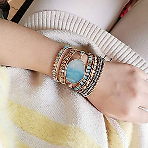 Plumiss Handmade Leather Wrap Natural Amazonite Druzy Bead Crystal Stone Bracelets for Women