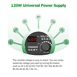 Arkare Universal Power Supply 120W AC Adapter Adjustable Power Adapter 4.5V 5V 9V 12V 10A 8A 6A 5A 3A 1A AC/DC AC 100-240V to DC 4~12V Multi Voltage Switching with 15 Tips & Polarity Converter