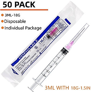 50 Pack 3ml Luer Lock with 18 Gauge 1.5 Inch for Scientific Labs Measuring and Dispensing, Individually Sealed Wrapped