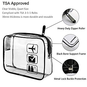 Lermende 3pcs TSA Approved Toiletry Bag with Zipper Travel Luggage Pouch Carry On Clear Airport Airline Compliant Bag Travel Cosmetic Makeup Bags for Men Women (Black)